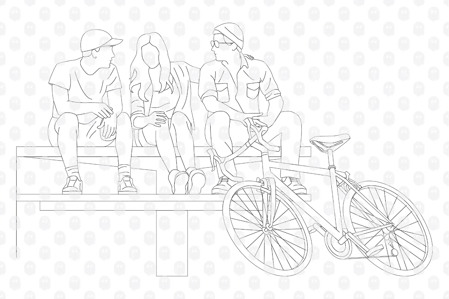Three People With A Bike Sitting On A Bench CAD Block Drawings | Archade